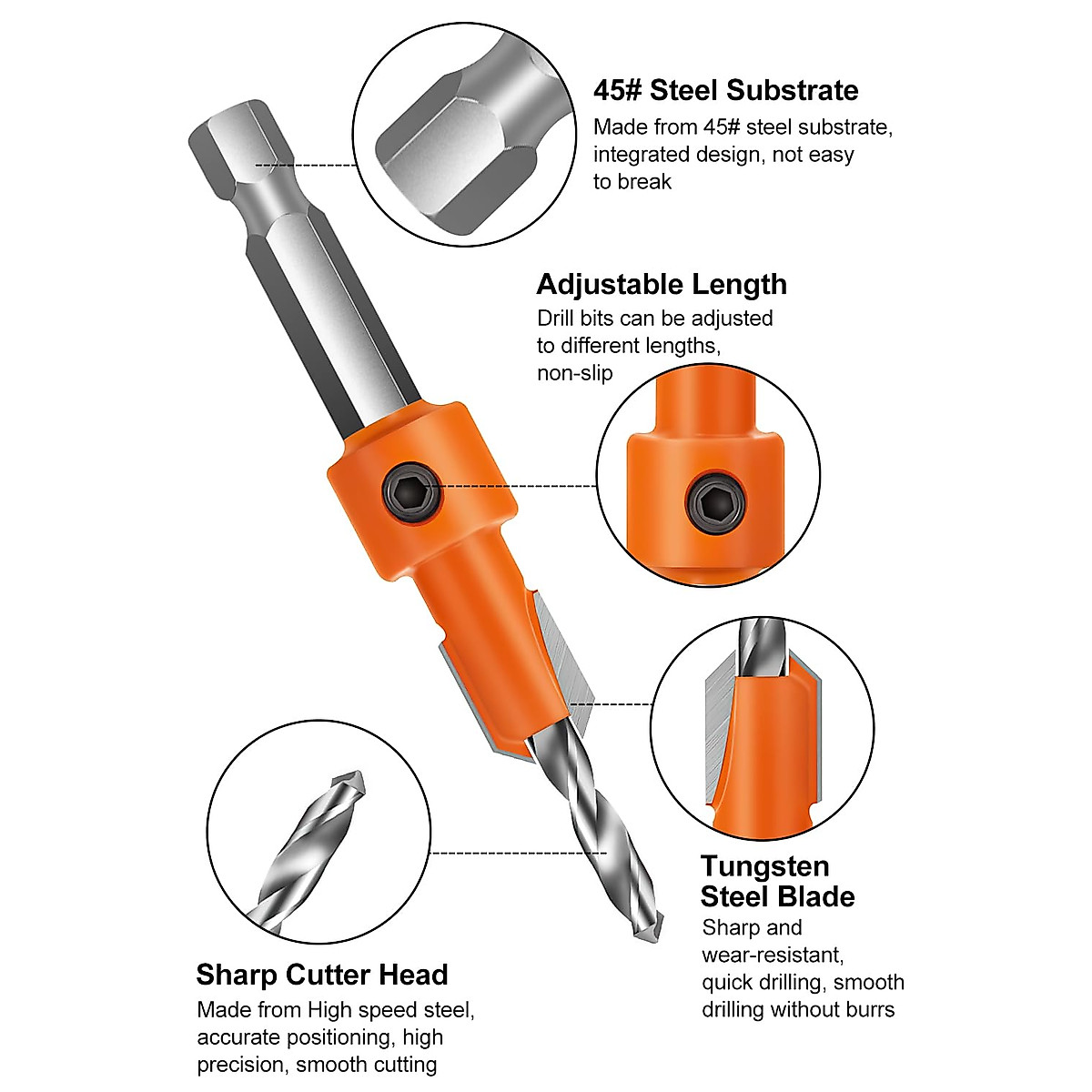 Lytool Countersink Drill Bit Set,5Pcs Counter Sink Drill Bit for Wood,1/4" Hex Shank Tapered Drill Bits for Woodworking and Carpentry,Quick Change and Allen Wrench for Woodworking,Pilot Screw Hole Set