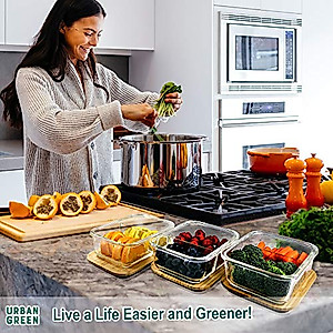 Urban Green Glass Container with Wood Lid, Glass food storage Container with Lids, Glass Meal Prep Containers Set, Glass Containers set (Natural-Bamboo- 3p)