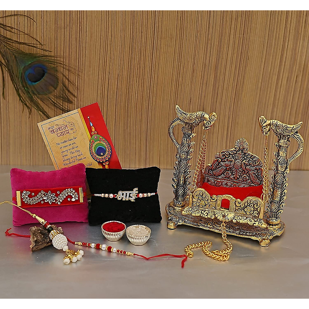 KRISHA KRAFTS Gopal Jhula Singhasan/Peacock Bhai Rakhi/Lumba/Greeting Card for Brother Combo Set Rakshabandhan for Sister Kids 3.9 out of 5 sta