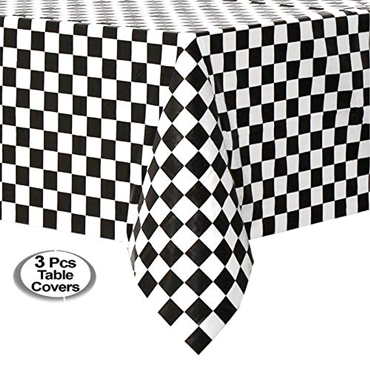 AnapoliZ Black Checkered Tablecloth Plastic | 3 Pcs Pack - 54” Wide x 108” Long | Black and White Checkered Disposable Table Cover | Checkered Flag Tablecloth | Retro, Diner, Racing Party Décor