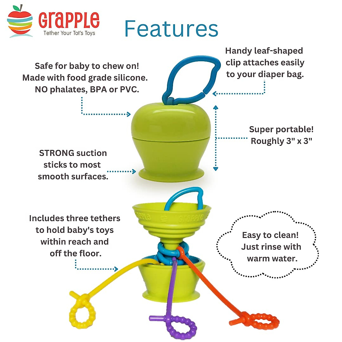 Grapple Suction Cup High Chair Toys Holder | 3 Toy Tethers Keep Toys from Falling | Holds Teethers, Toys, Snack Cups | for Babies 6-12 Months | Perfect for Travel and Restaurant