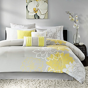 Madison Park Lola Sateen Cotton Comforter Set-Casual Medallion Floral Design All Season Down Alternative Bedding, Shams, Bedskirt, Decorative Pillows, King, Grey/Yellow 7 Piece