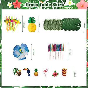 LXlucktim Hawaiian Luau Party Decorations, 174 Pcs Hawaii Aloha Tropical Themed Party Decor Supplies Kit - Backdrop, Table Skirt, Balloons, Wrappers, Straws, Hibiscus Palm Leaves and Pineapples