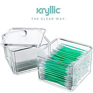 JAROFUREL Kryllic Q tips Organizer - Qtip Holder - Qtip Holder Bathroom - Cotton Swab Holder - 2 Slot Acrylic Bathroom Organizer with Lid - Cotton Ball Holder, Clear, 4x4x5.5 Inch (Pack of 1)