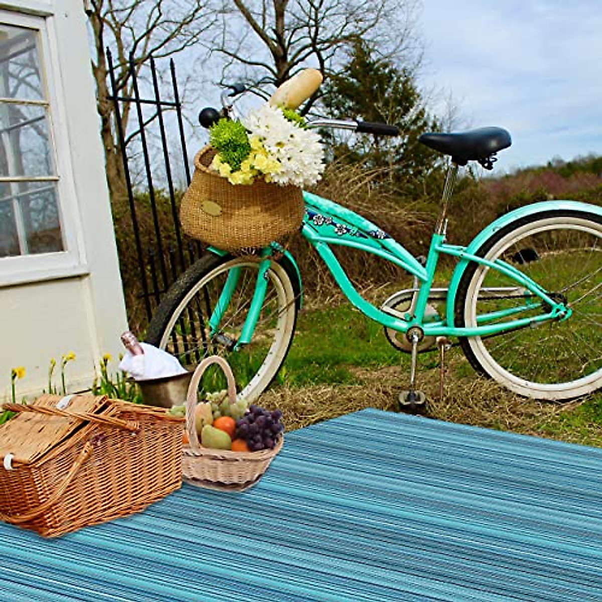 FH Home Outdoor Camping Rug - Waterproof, Fade Resistant, Reversible - Premium Recycled Plastic - Striped - Large Patio, Deck, Sunroom, RV - Havana - Turquoise - 9 x 12 ft Foldable