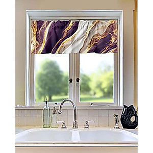 Window Curtain Valances for Kitchen Windows,Purple Gold White Marble Texture Rod Pocket Short Window Valance Natural Cracks Granite Stone Cafe Treatment Valance for Living Room/Bathroom/Bedroom