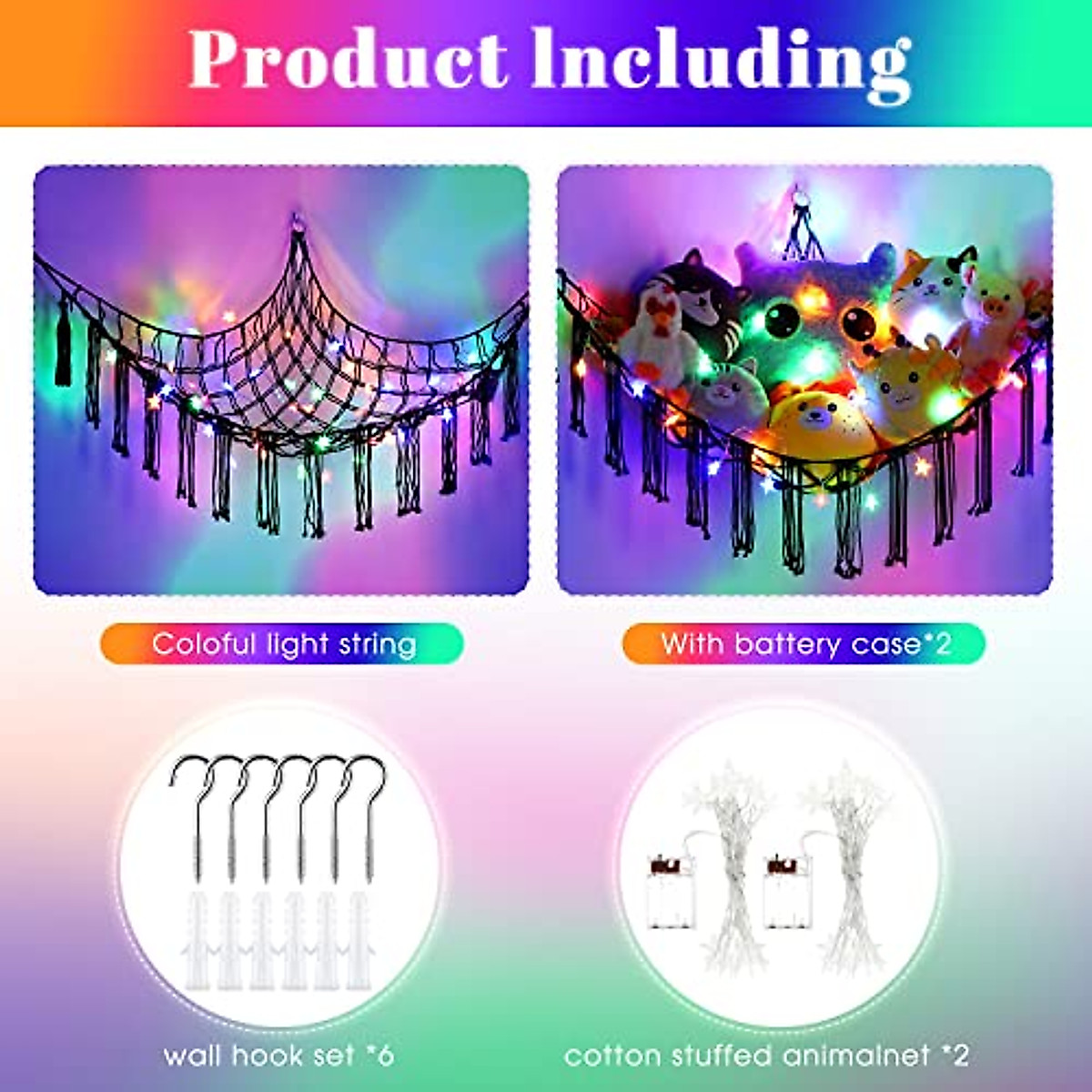 2 Set Stuffed Animal Net or Hammock with LED Light, Stuffed Animal Storage Stuffed Animal Hammock Corner Toy Hammock Macrame Stuffed Animal Organizer for Bedroom Nursery Kindergarten Decor (Black)