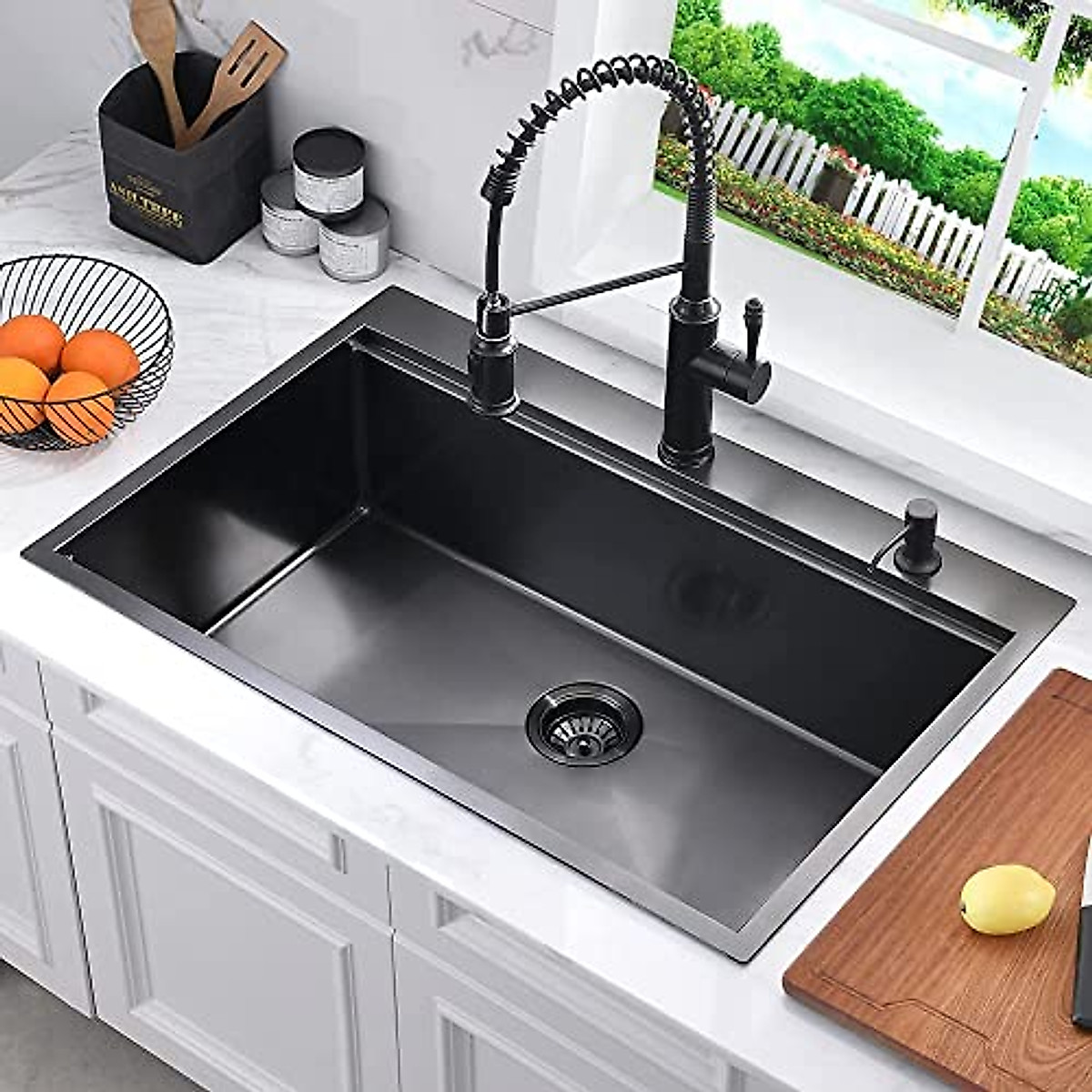 33 Inch Black Drop In Kitchen Sink Workstation-Bokaiya 33x22 Drop In Workstation Kitchen Sink 16 Gauge Stainless SteelSingle Bowl Kitchen Sink with Cutting Board
