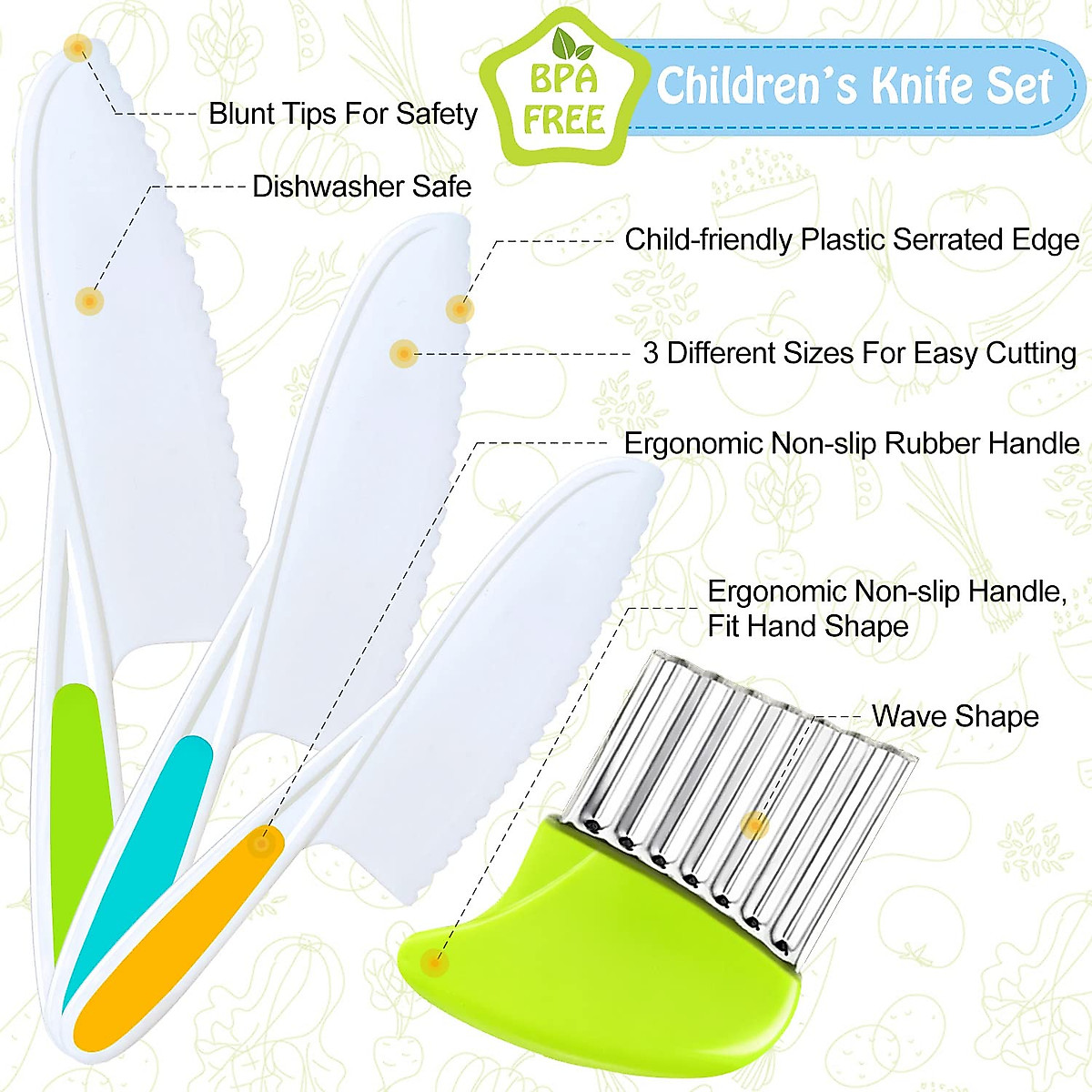 TAORISH 4 Pcs Kids Knife Set, Nylon Kitchen Knife with Crinkle Cutter, Serrated Edges Plastic Toddler Chef Knife for Real Cooking & Cutting Fruit Bread