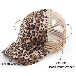 C.C Exclusives Washed Distressed Cotton Denim Criss-Cross Ponytail Hat Baseball Cap Bundle Hair Tie (BT-780)(BT-791) (A Elastic Band-Leopard/Beige)