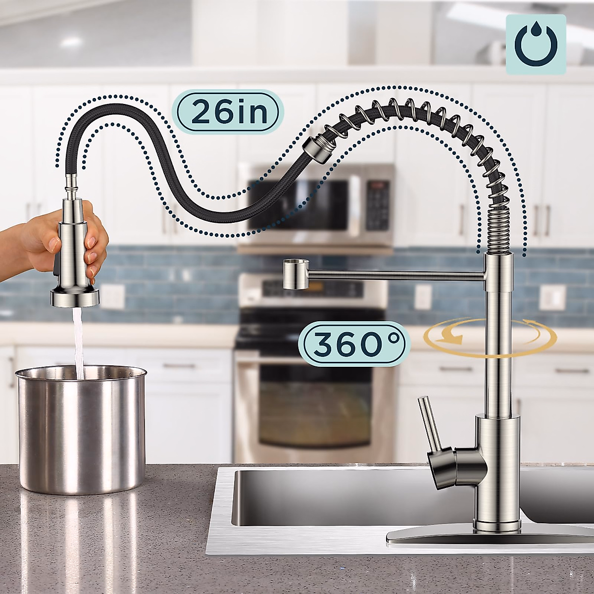 FORIOUS Kitchen Faucet with Pull Down Sprayer, Brushed Nickel Stainless Steel Kitchen Faucet, Utility Single Handle Spring Sink Faucets 1 or 3 Hole, Kitchen Faucets for Farmhouse Camper Laundry Rv Bar