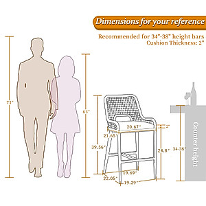 PURPLE LEAF Counter Height Bar Stools Set of 4 Rattan Chair Boho Aluminum Woven Counter Stools with Back and Footrest Modern Patio Seating 24.8 Inches Outdoor Barstools