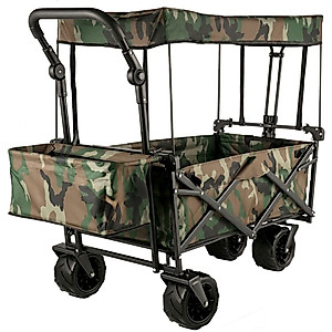 Collapsible Folding Wagon with Removable Canopy - Heavy Duty Utility Cart for Garden, Camping, and Beach with Wheels and Rear Storage - Camouflage