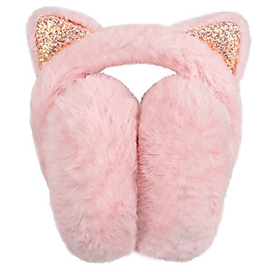Surblue Foldable Cat Ear Earmuffs Winter Warm Outdoor Ear Covers Headband Fur Ear Warmer, Pink