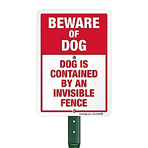 SmartSign Beware of Dog Sign, Dog Contained by an Invisible Fence Sign for Yard, Lawn, Home Security Signs, 21 Inches Bend-Proof Stake & Metal Sign Kit, 10x7 Inches Aluminum Sign