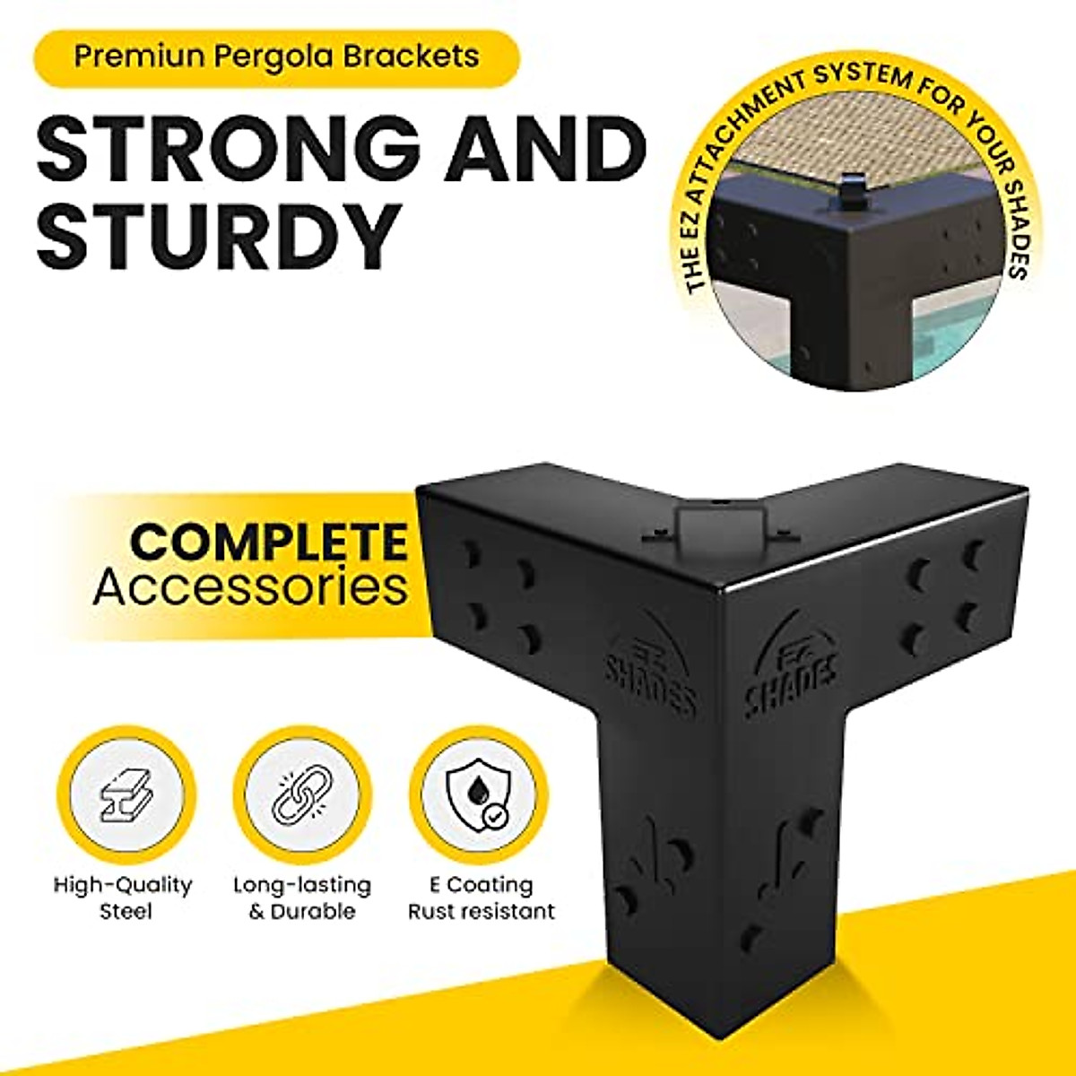 EZ Shades – Wall Mount Kit for 4x4 Lumber, Durable and Modern Pergola Kit with Corner Brackets, Wall Mount Brackets and Post Bases, Easy to Install, Bolts and Screws are Included, Black (EZWMG2)