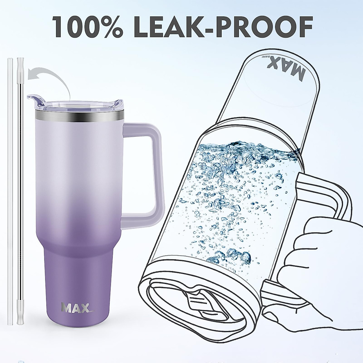 MaxBase 40 Oz Tumbler with Handle and Straw Lid, Insulated Reusable Stainless Steel Travel Mug Keeps Drinks Cold up to 34 Hours, 100% Leakproof Bottle (GradientPurple)