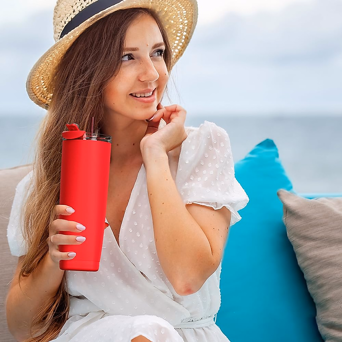 asobu Aqualina Stainless Steel Insulated Water Bottle with Interchangeable Hot and Cold Lid and Built in Straw (Red)