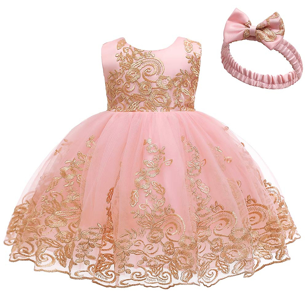 Baby Princess Girls Embroidery Dresses Toddler Lace Ruffles New Year Easter Tutu Dress with Headwear (Pink02,80)