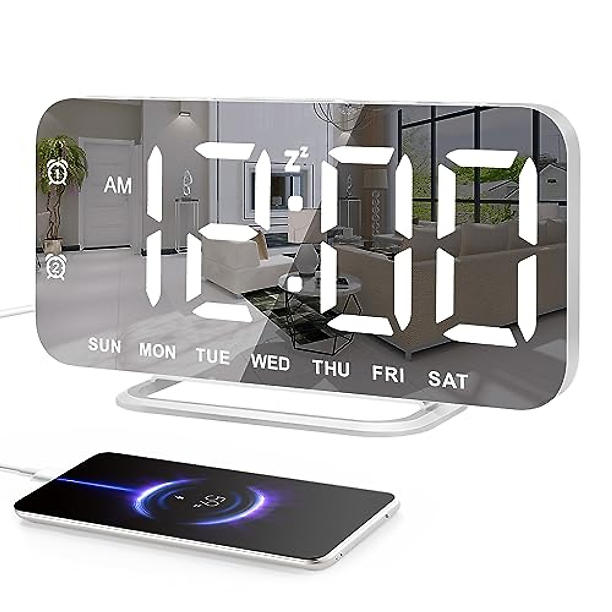 Slim LED Digital Alarm Clock, Mirror Surface for Makeup, with Diming, Large Display, Easy Setting, USB Ports, Modern Decor for Bedroom, Desk, Christmas, Birthday Gift for Women, Daughter, Girl, White