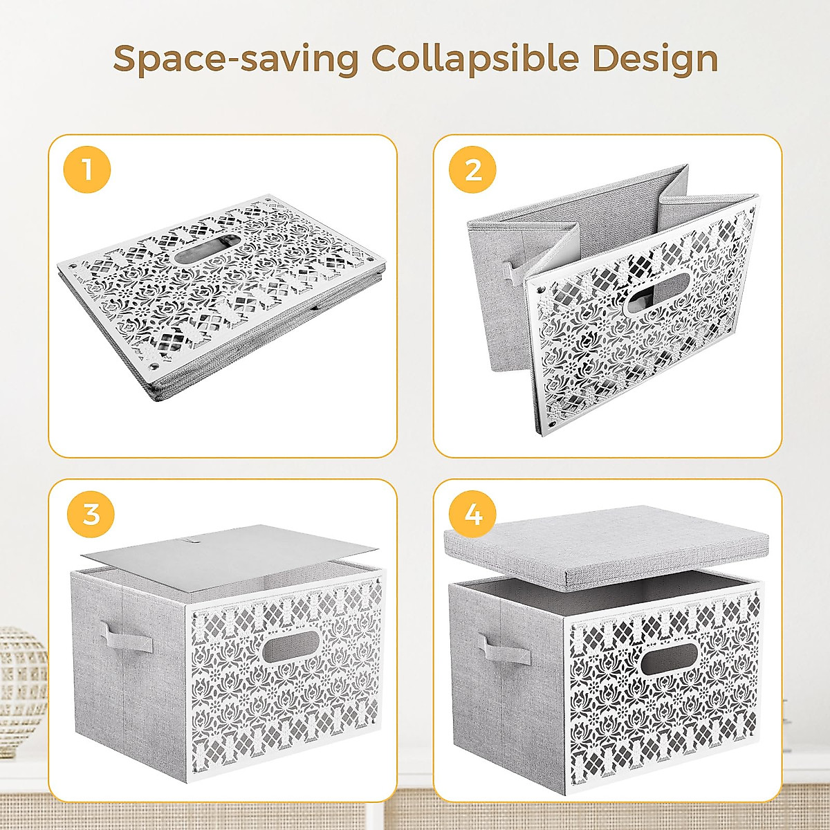 Iirios Storage Bins With Lids, 3 Pack Linen Foldable Storage Bins, Metal Clothes Storage Containers with Handles, Stackable Storage Baskets for Clothing, Blanket, Comforters, Pillows and Toys (White)