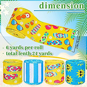 Whaline 4 Rolls Summer Wired Ribbon 24 Yards Flip Flop Fabric Decorative Ribbon Summer Theme Sunshine Fabric Ribbon Beach Party Stripe Craft Ribbon for Summer Wreath Bow DIY Craft Wrapping, 2.5 Inch