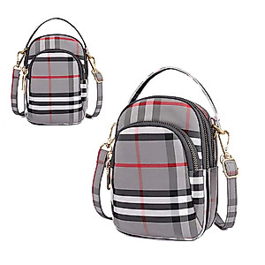 Multi Zipper Pocket Plaid Small Crossbody Bag Handbags Cell Phone Purse Wallet for Women (Gray)