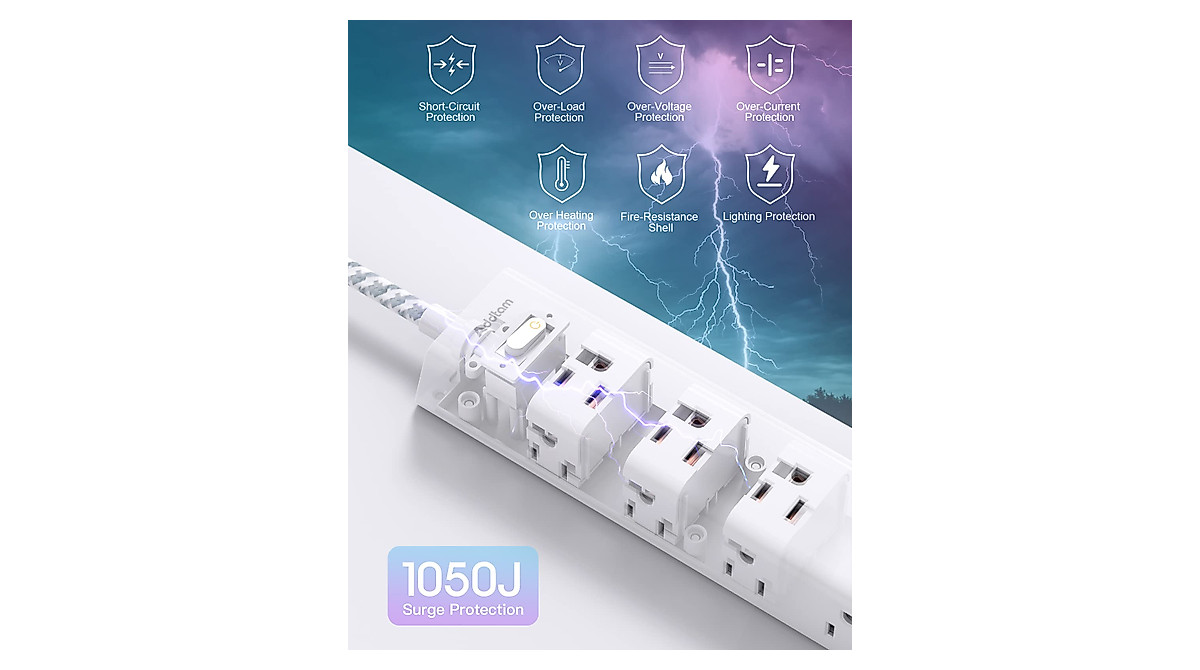 Addtam Surge Protector Power Strip - 12 Outlets & USB, 10ft Cord