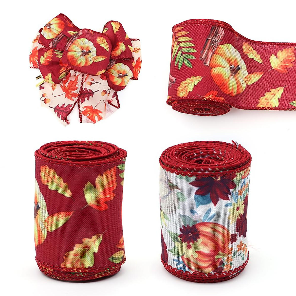 1.5" and 2.5'' Burgundy Fall Pumpkin Maple/Oak Leaf Wired Ribbon for Autumn and Thanksgiving Holiday 6 Rolls Total 30 Yards in Length (Fall Pumpkin)