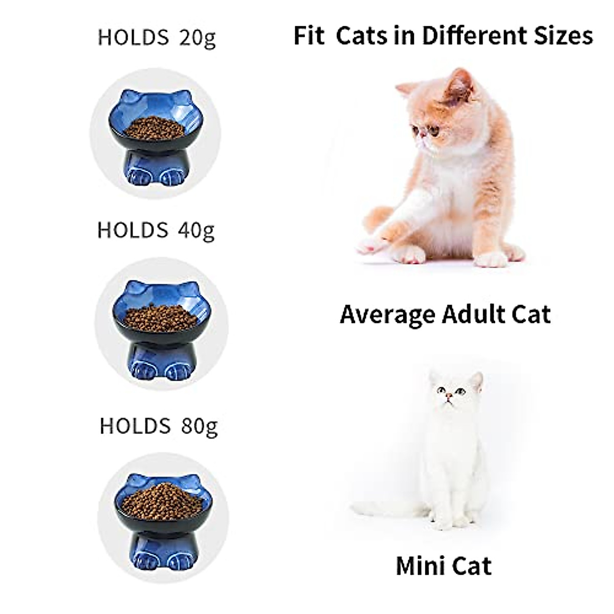Nihow Elevated Cat/Dog Bowls Set : 5 Inch Ceramic Raised Cat Food and Water Bowl Set for Protecting Pet's Spine - Feeding & Watering Supplies for Pets- Elegant Blue & Black (2PC)