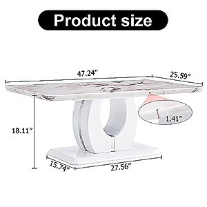 Marble Coffee Table,47 in Rectangular Coffee Tables,Modern Coffee Table with Faux Marble Top & U Shape Pedestal Base,White Marble Coffee Table for Living Room Office