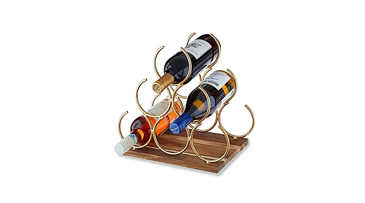 Twine Pyramid Wine Rack Holds 6 Bottles in Gold & Wood