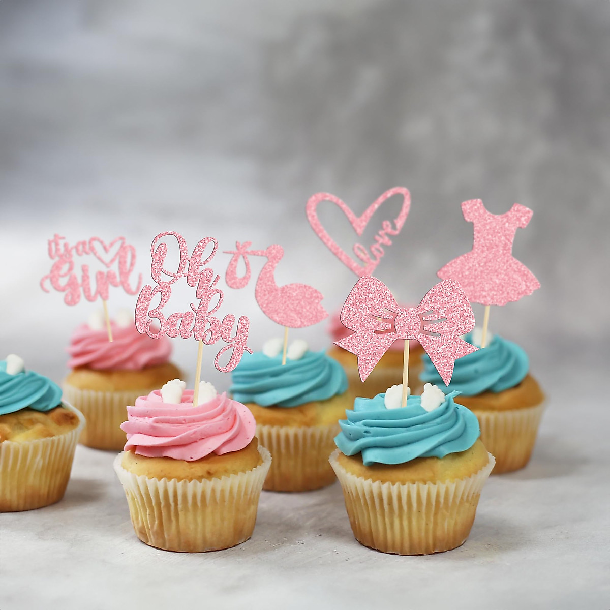 Gyufise 36 Pack Oh Baby Cupcake Toppers It's a Girl Cupcake Toppers with Bow Dress Love Heart Pink Glitter Cake Picks Decorations for Baby Shower Girl Birthday Party Supplies