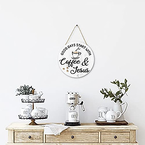 Coffee Bar Sign Coffee Decor Coffee Wooden Sign Hanging Coffee Decor Coffee Sign Plaque for Farmhouse coffee bar Kitchen Accessories Coffee Lover (White Good Days Start with Coffee & Jesus)