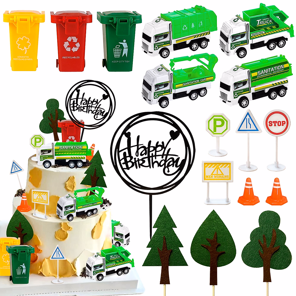 17PCS Garbage Truck Cake Topper Trash Truck Cake Decorations Trash Can Birthday Party for Trash Truck Waste Management Recycling Party Supplies