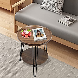 Round End Table, Small Side Table with Storage Shelf, 2-Tier Circular Rustic Vintage Table, Solid Telephone Table Nightstand for Living Room Bedroom Entryway, Black Metal Leg and Walnut Boards