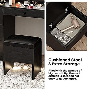 IRONCK Vanity Desk Set with LED Lighted Mirror & Power Outlet, 7 Drawers Makeup Vanities Dressing Table with Stool, for Bedroom, Black