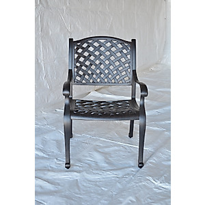 Nassau Outdoor Patio 7pc Dining Set Round 60" Fire Gas Table Dark Bronze Solid Cast Aluminum Sunbrella Cushions (Set with 6 Regular Chairs, Sunbrella Sesame)