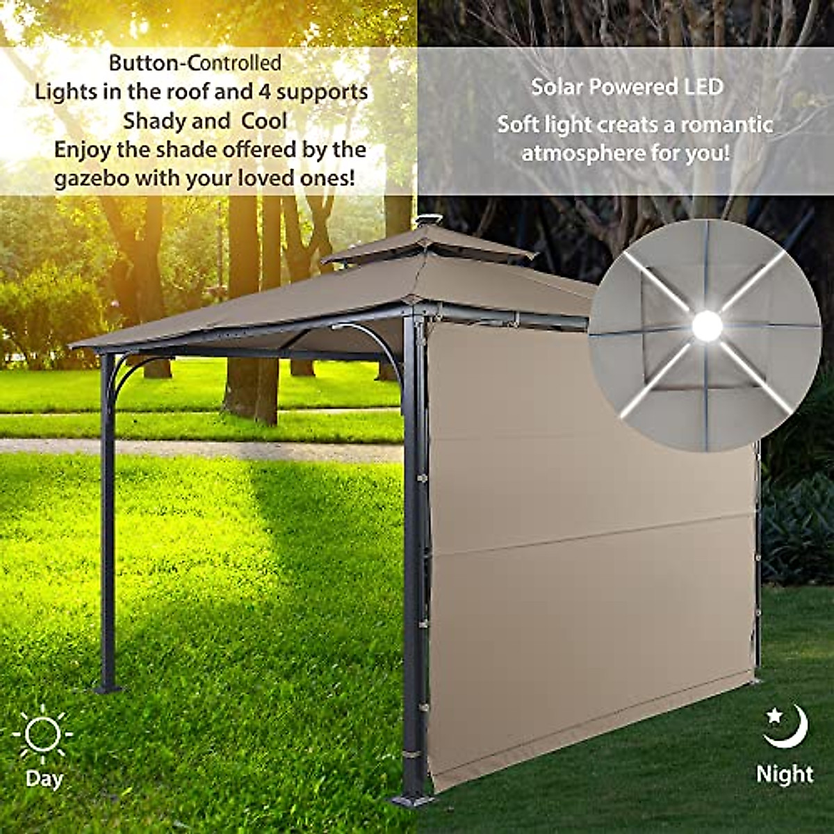 Morhome Patio 9.8ft.l X 9.8ft.w Gazebo with Extended Side Shed/Awning and Led Light in Brown Modern Contemporary Square Metal