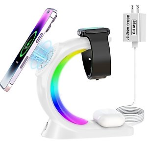 Mag-Safe 3 in 1 Wireless Charging Station, [6-Color RGB Light] 15W Fast Magnetic Wireless Charger Stand for Multiple Devices Apple, for iPhone 15 14 13 12 Pro Max/Plus/Pro, for iWatch 2 to 9