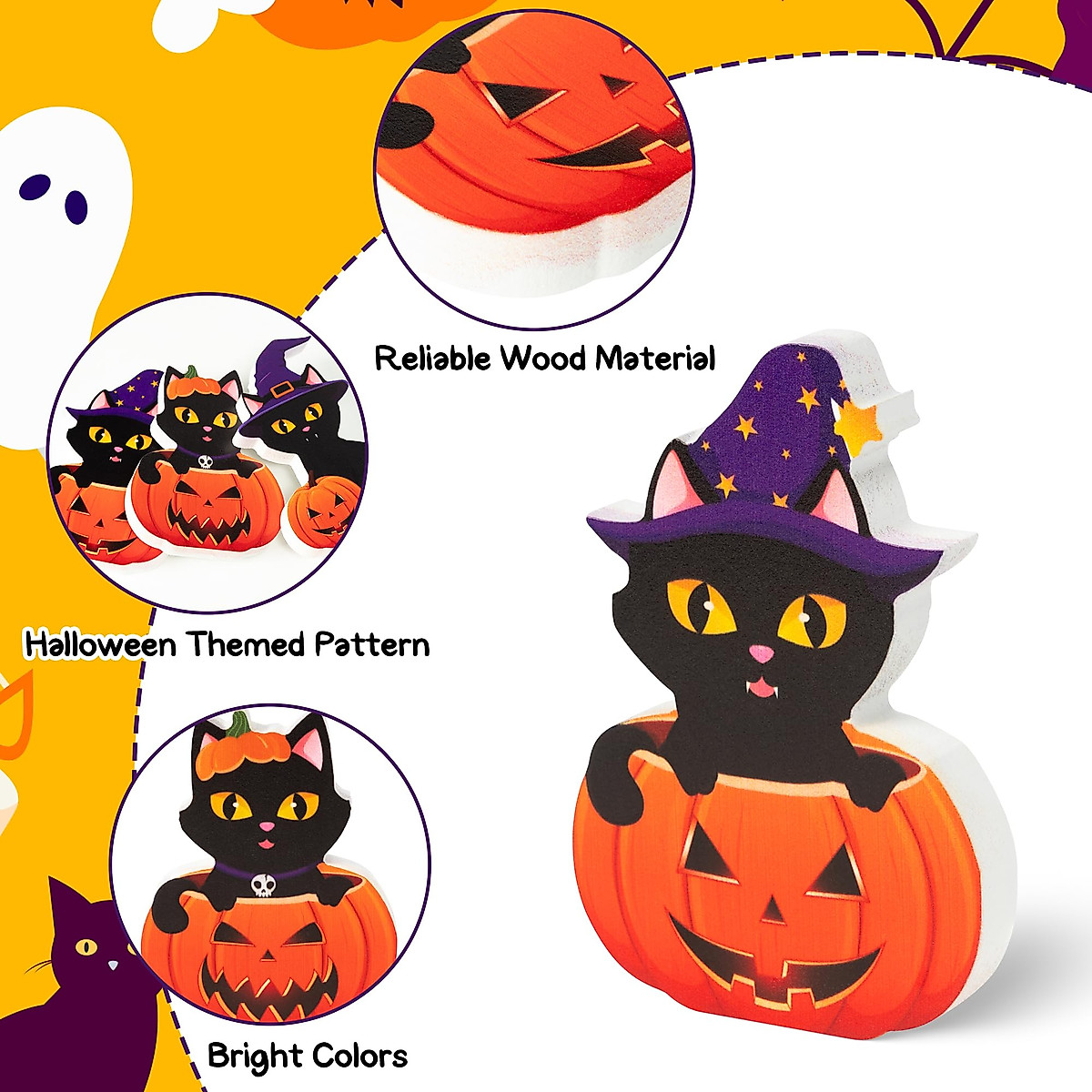 JAPBOR 3Pcs Halloween Wooden Centerpieces Table Decorations, Witch Hat Black Cat Pumpkin Tiered Tray Set Desk Decor, Happy Fall Halloween Party Themed Sign Wood Block Tabletop Décor for Home Kitchen