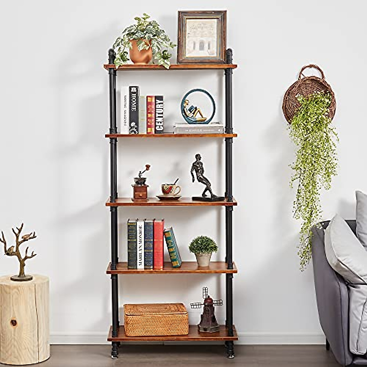Anynice Industrial 5-Shelf Pipe Bookshelf | Rustic Brown