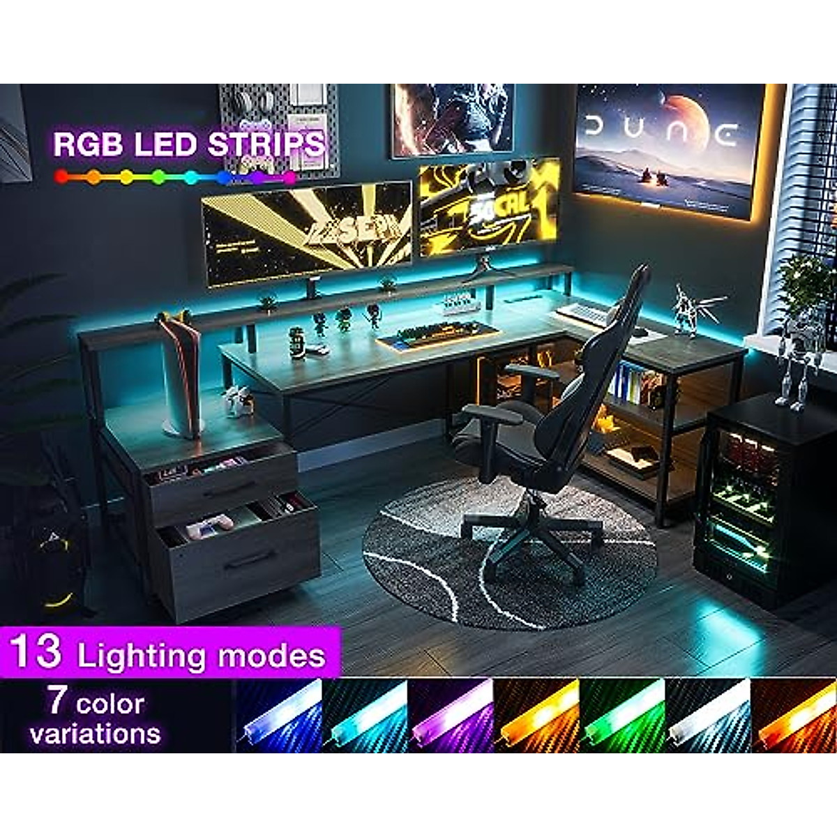 ODK L Shaped Desk with File Drawer, 75" Reversible L Shaped Computer Desk with Power Outlet & LED Strip, Home Office Desk with Storage Shelves, Gaming Desk with Monitor Shelf, Corner Desk, Grey Oak
