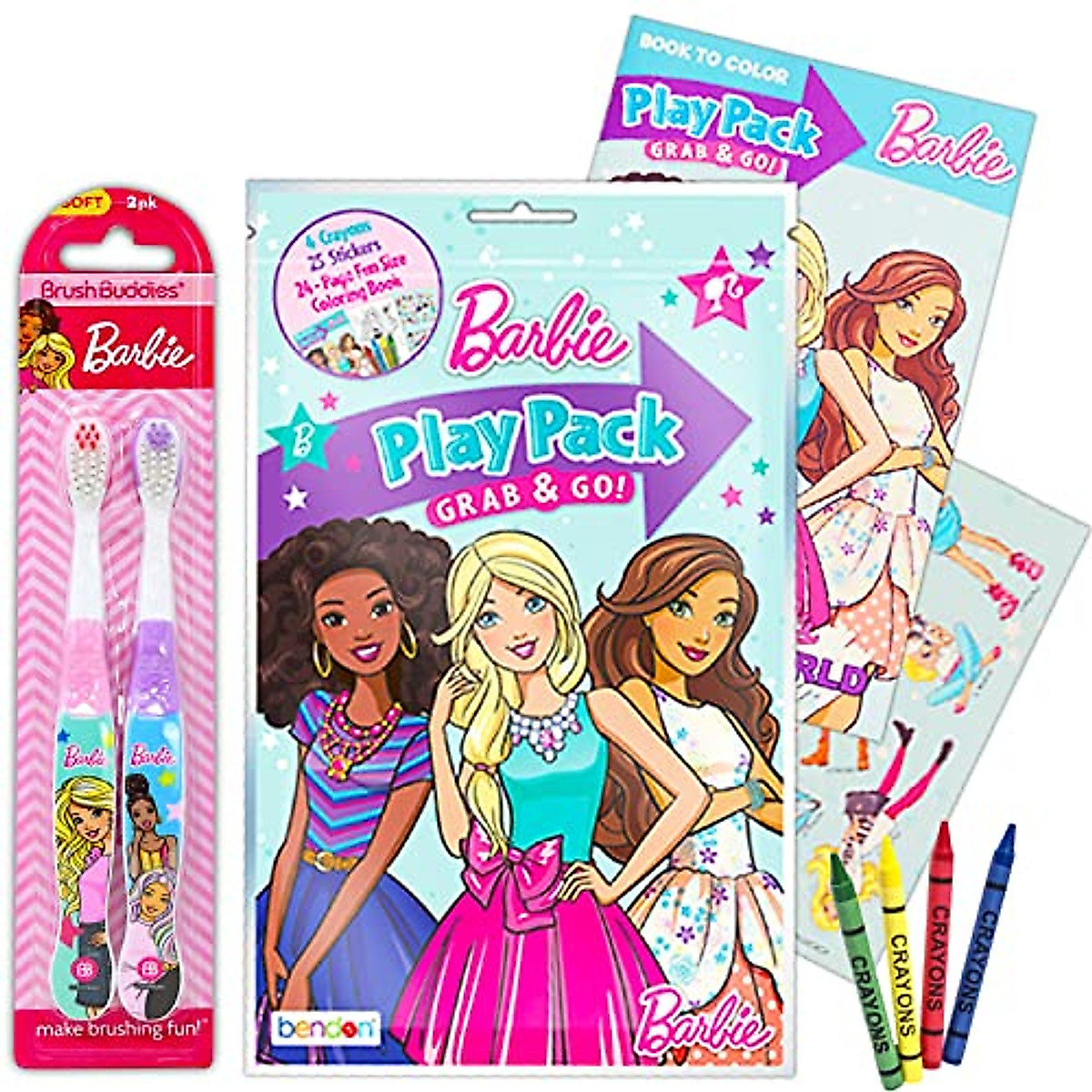 Mattel Barbie Toothbrush 2-Pack Bundle ~ Barbie Soft Toothbrushes for Girls | Barbie Bathroom with Stickers, Coloring Pages, and More (Barbie Toothbrush Set)