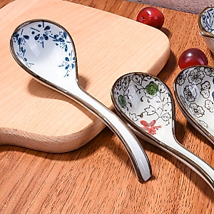 Japanese and Korean Ceramic Soup Spoons set of 5, Hand-Painted, Curved Spoons, Long Handle Rice Spoons