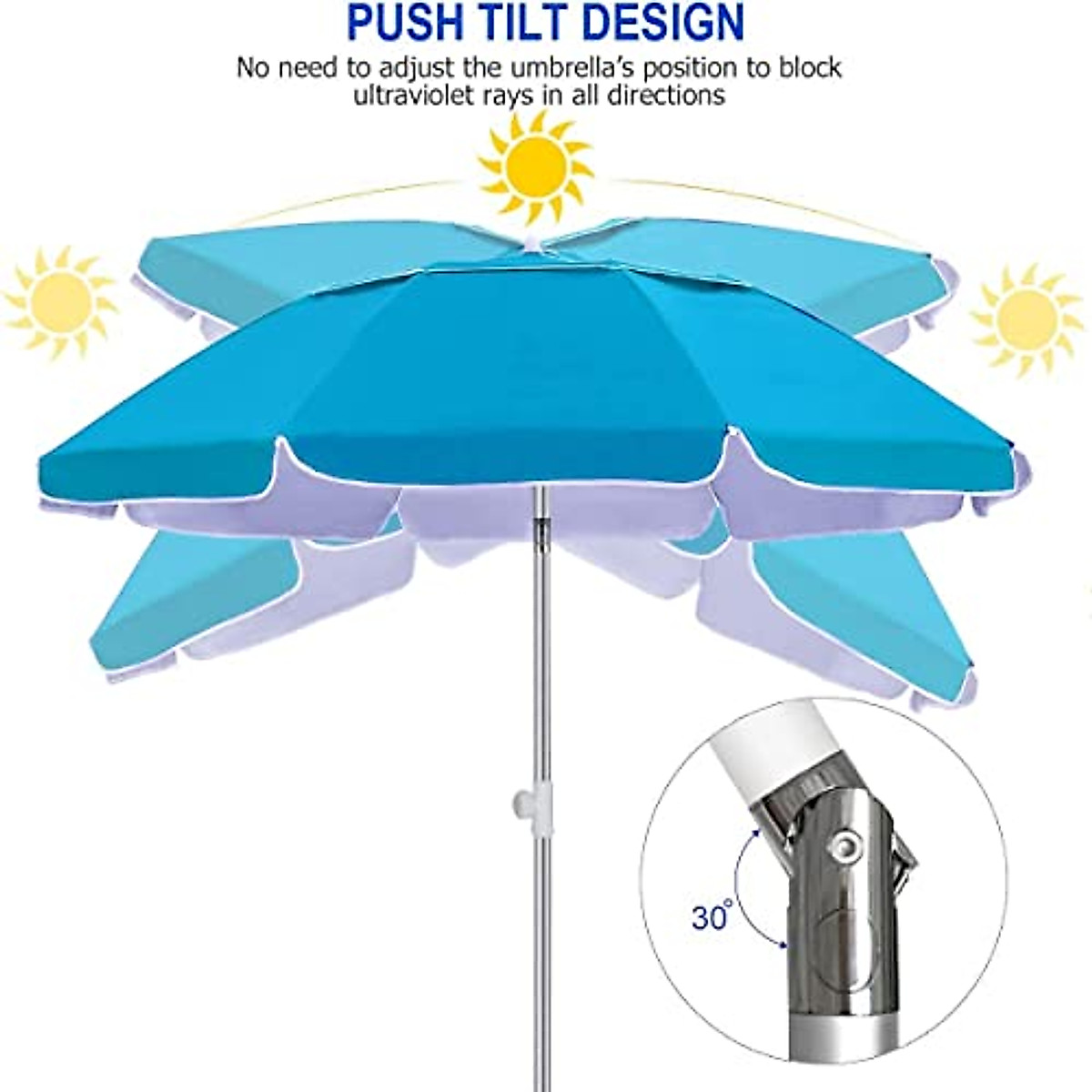 AMMSUN 6.5ft twice folded compact Portable beach umbrella with sand anchor windproof, Push Button Tilt Air vent UV 50+ Protection Fits in a large Suitcase for travel Patio Garden Pool Backyard Sky Blue