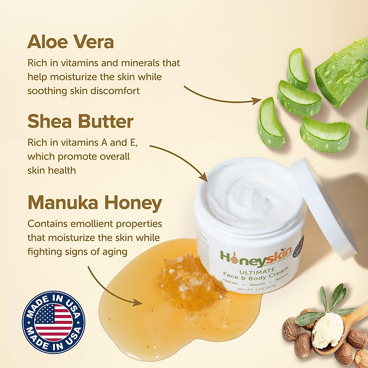 Hydrating Face Moisturizer & Body Cream with Manuka Honey Cream - Organic Face Moisturizer & Body Lotion for Extremely Dry Skin - for Dry & Itchy Skin, Rosacea & Eczema Prone Skin (Original, 2oz)