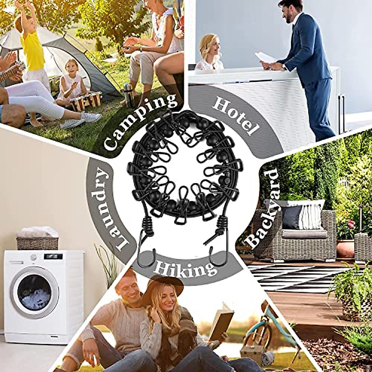 Portable Clothesline with 12pcs Clips, Windproof Travel Camping Clothes line Retractable Elastic Laundry Drying Clothes Line for Backyard, Hotel, Outdoor and Indoor Use, 2 Pack (Black+Blue)