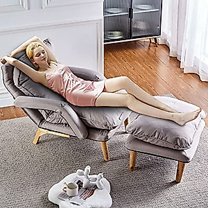 CLIPOP Modern Living Room Accent Chair with Ottoman, Comfy Linen Armchair with Adjustable Backrest(5 Angles), Solid Wood Legs, Leisure Upholstered Single Sofa Chair with Footrest,Grey