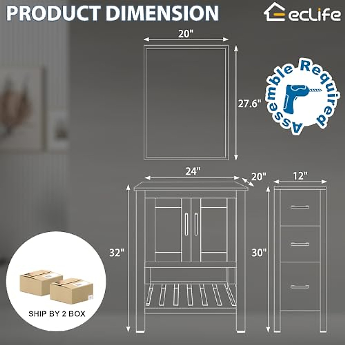 eclife 36" Bathroom Vanities Sink Combo with Side Cabinet, Modern MDF White Cabinet with Open Shelf, Mirror (Vanity Only)